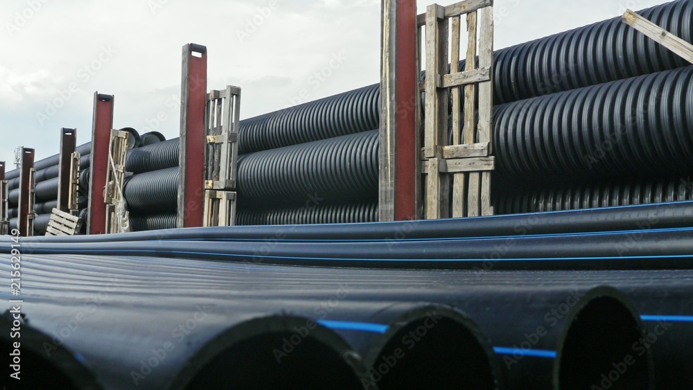 Warehouse of finished plastic pipes industrial outdoors storage site ...