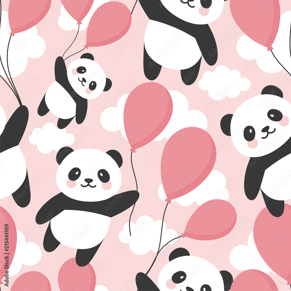 Seamless Panda Pattern Background, Happy cute panda flying in the sky ...