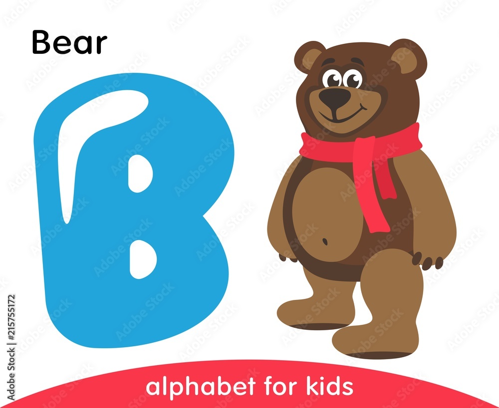 Blue letter B and brown Bear. English alphabet with animals. Cartoon ...