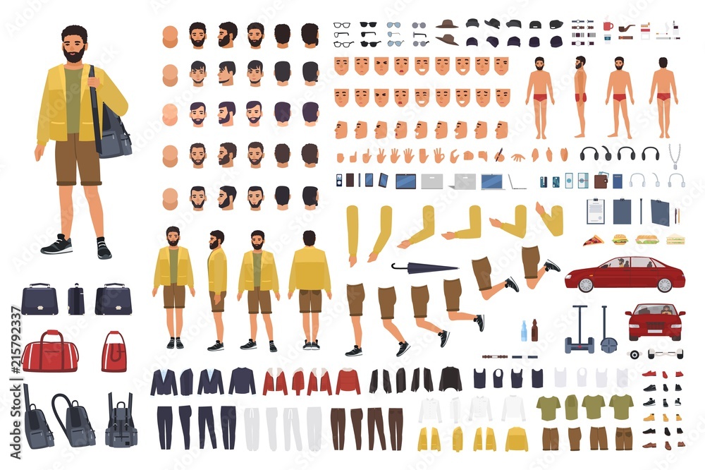 Caucasian man constructor or DIY kit. Collection of male character body ...