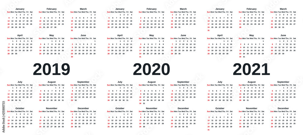 2019, 2020, 2021 calendar. Vector graphics. Week starts Sunday. Design ...