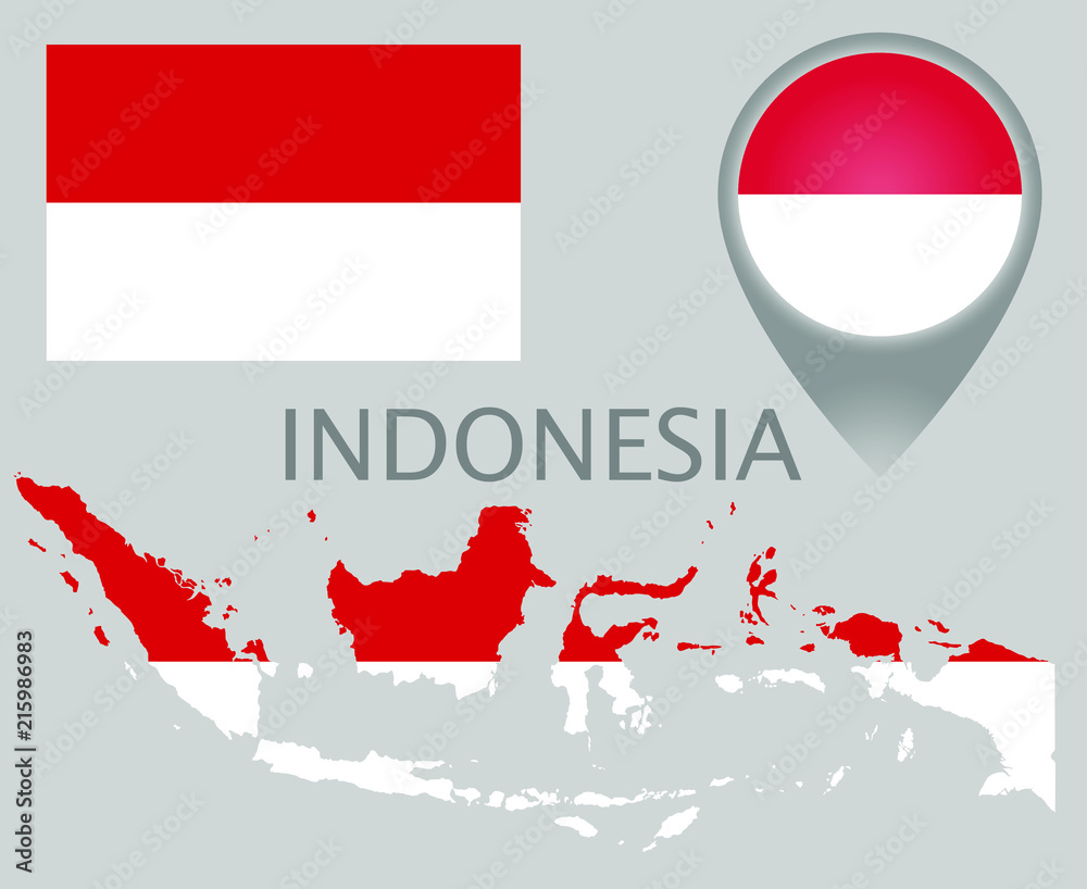 Colorful flag, map pointer and map of Indonesia in the colors of the ...