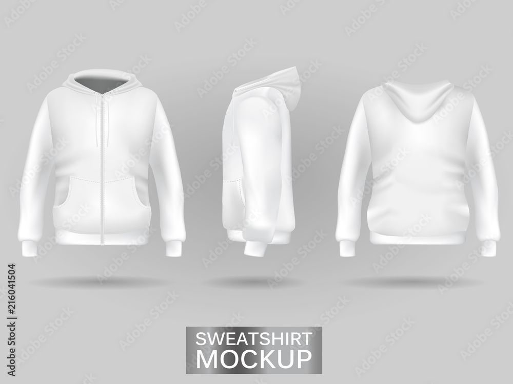 White sweatshirt hoodie template in three dimensions: front, side and ...