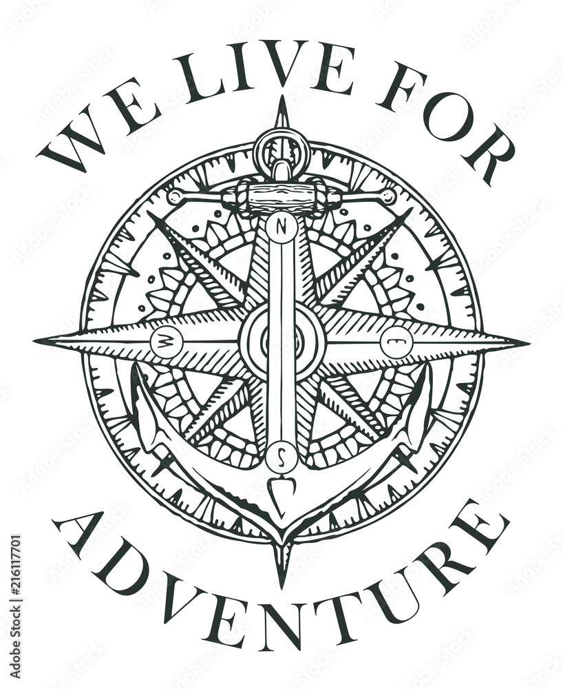 Retro banner with ship anchor, wind rose and old nautical compass with ...