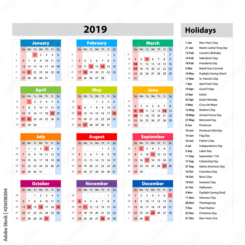 vector public holidays for the USA Calendar 2019. Colorful set. Week ...