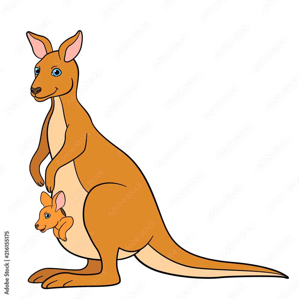 Cartoon animals. Mother kangaroo with her little cute baby. Stock ...