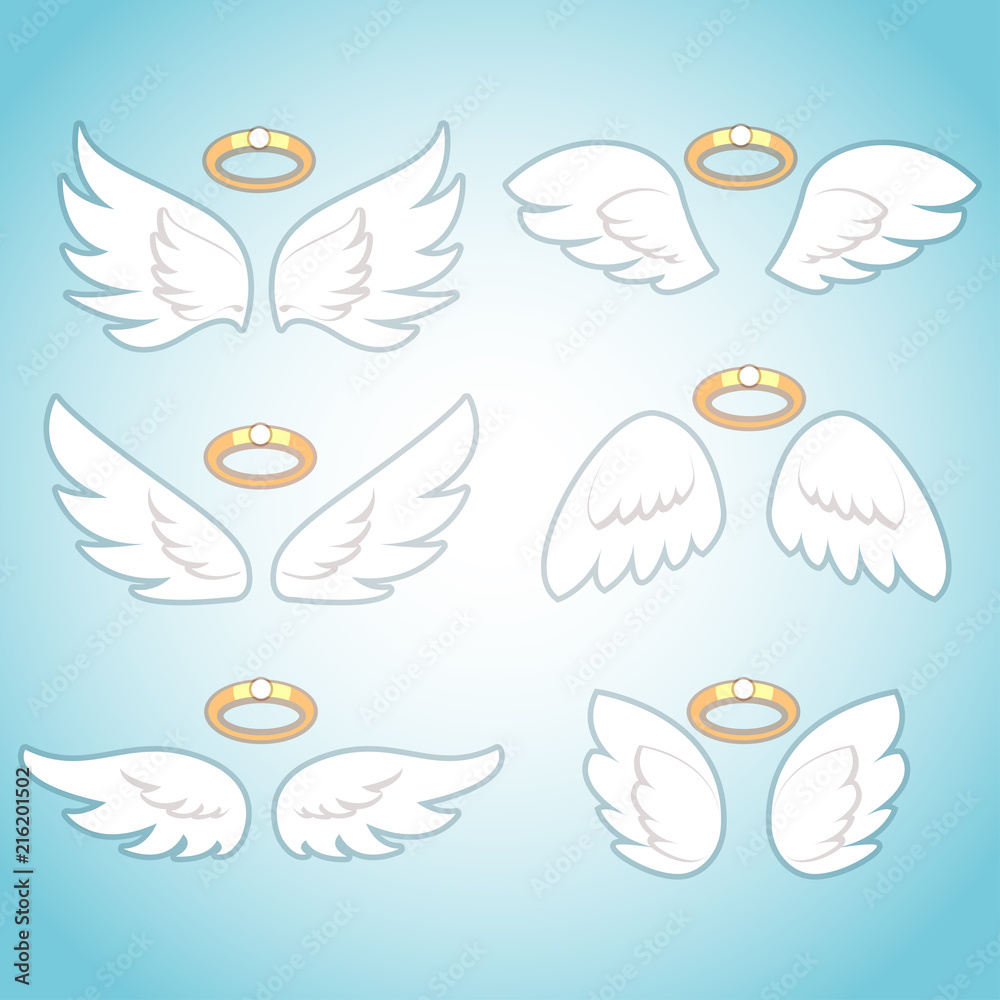 Flying angel wings with gold nimbus. Angelic wing cartoon vector set ...