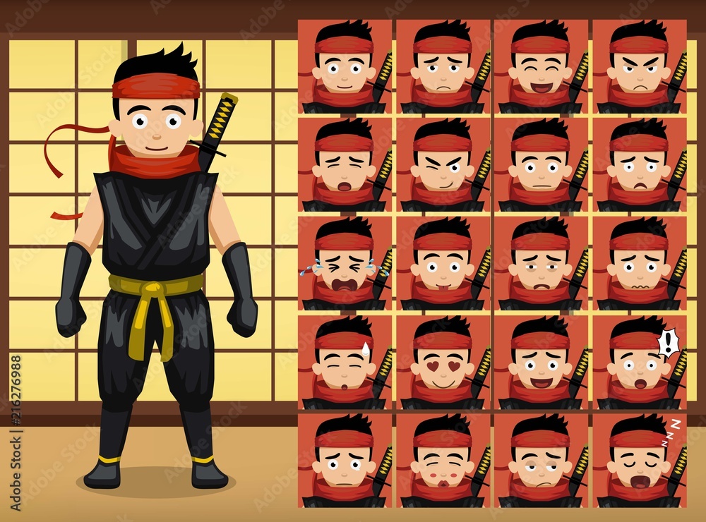 Japanese Ninja Cartoon Emotion faces Vector Illustration Stock Vector ...