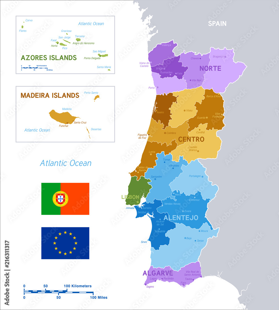 Colorful political vector map of Portugal Stock Vector | Adobe Stock