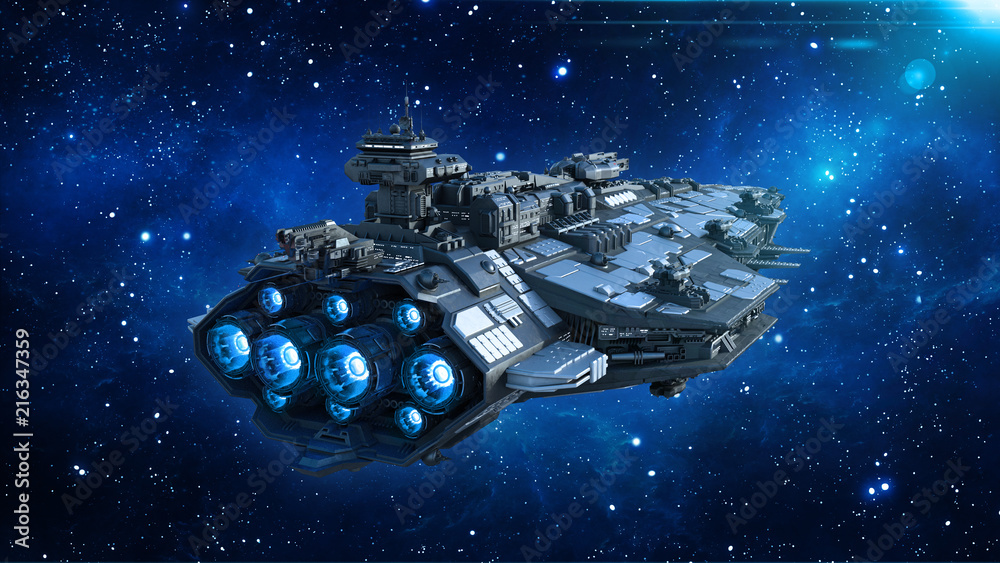 Alien spaceship in the Universe, spacecraft flying in deep space with ...