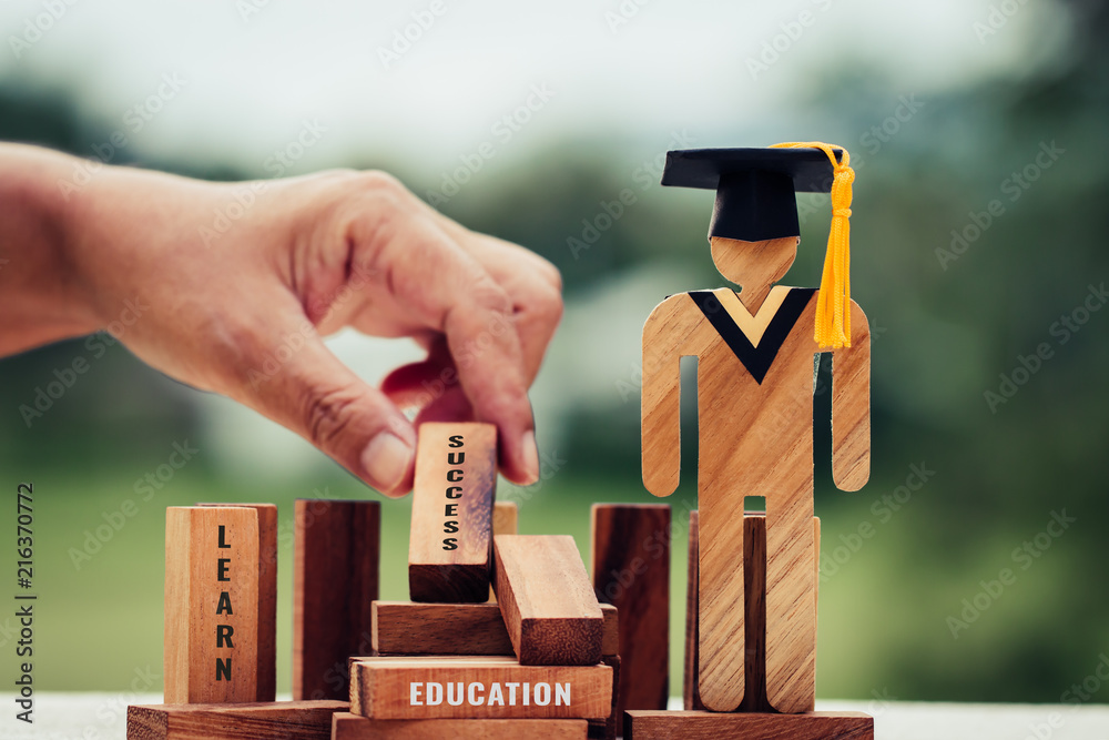 Student Sign wood with Graduation cap on wooden square blocks tower ...