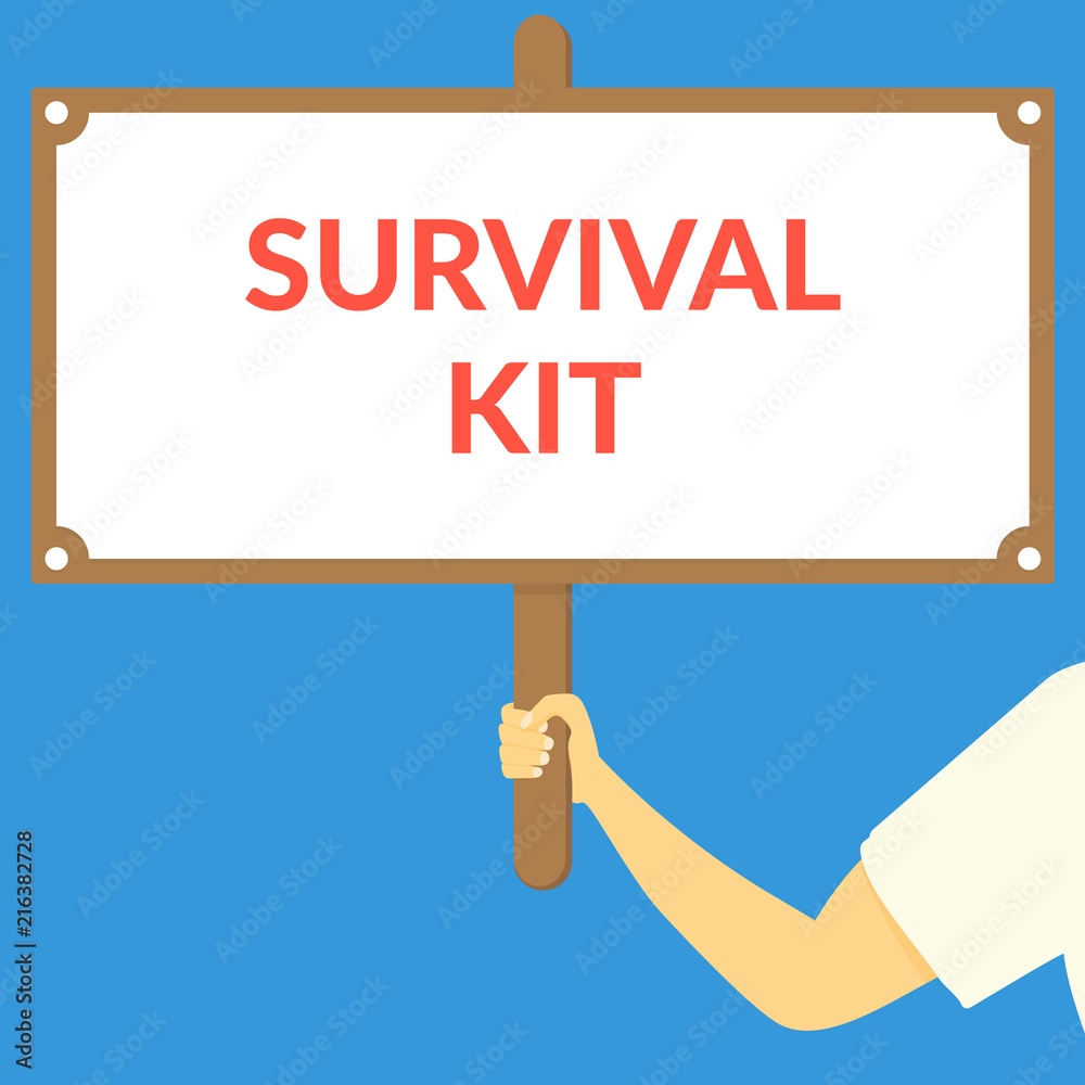 SURVIVAL KIT. Hand holding wooden sign Stock Vector | Adobe Stock