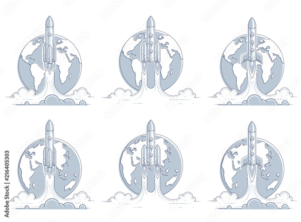 Vector de Stock Rockets launch into undiscovered space with planet ...