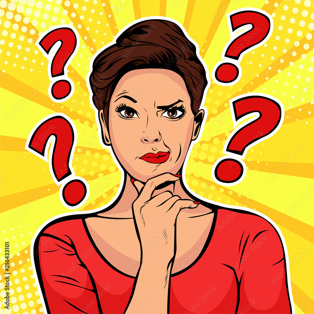 Woman skeptical facial expressions face with question marks upon hear ...