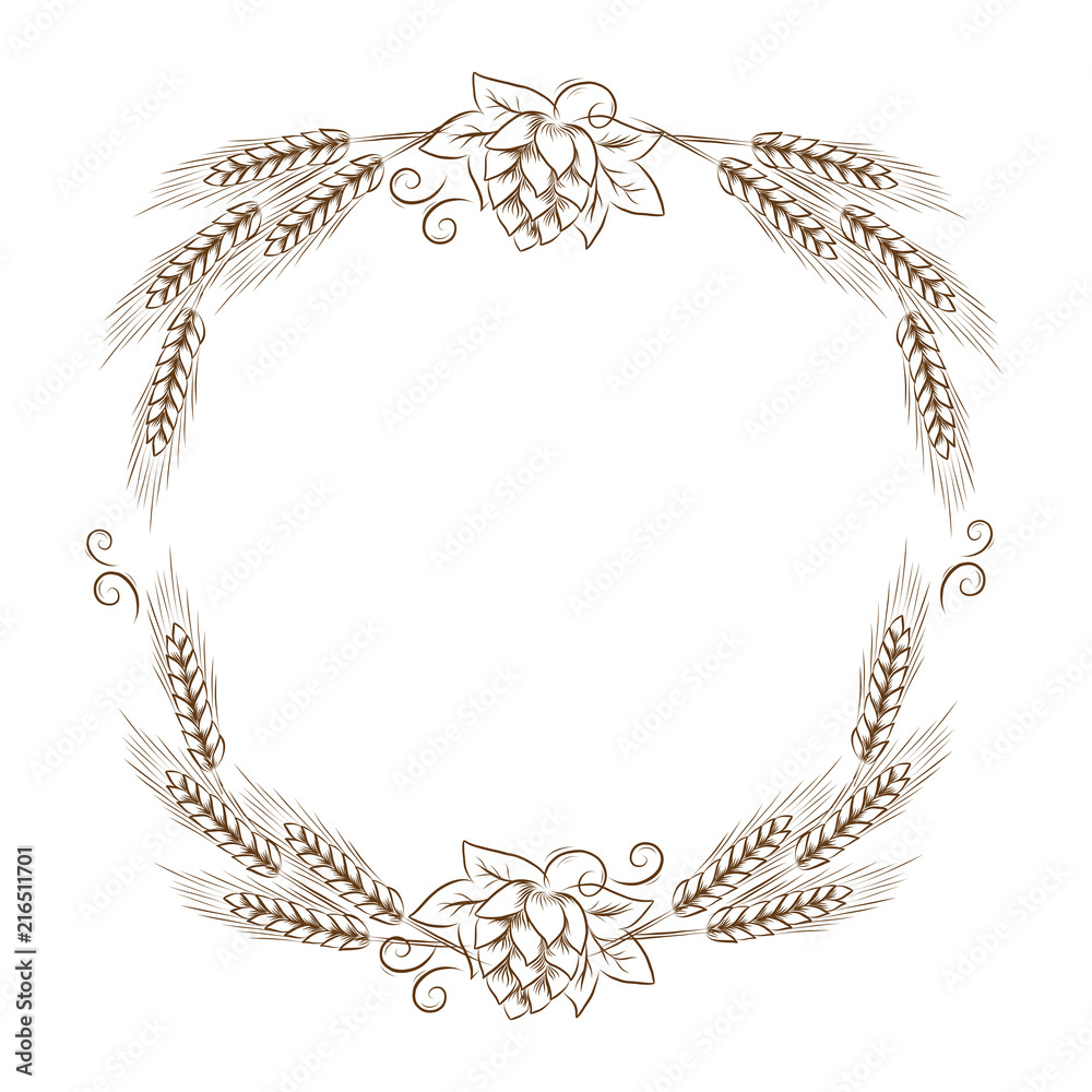 Hand drawn hop cones and wheat heads outline illustration. Hops and ...