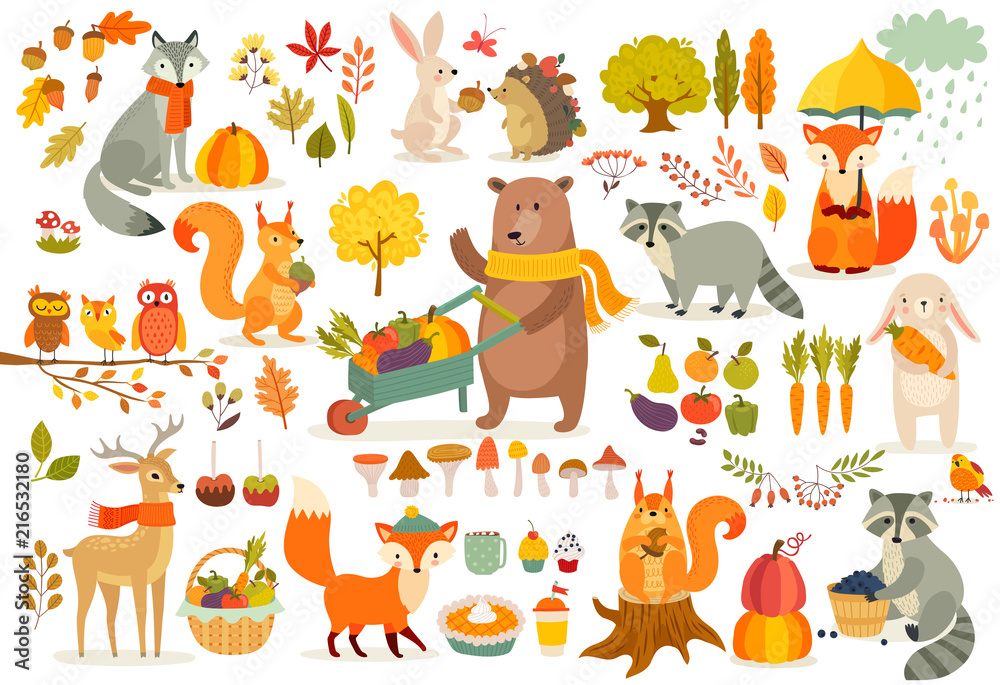FAll theme set, forest Animals hand drawn style. Stock Vector | Adobe Stock