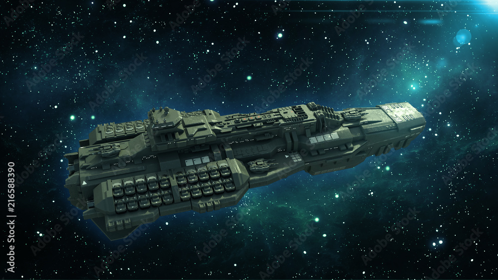 Alien spaceship in deep space, spacecraft flying in the Universe with ...