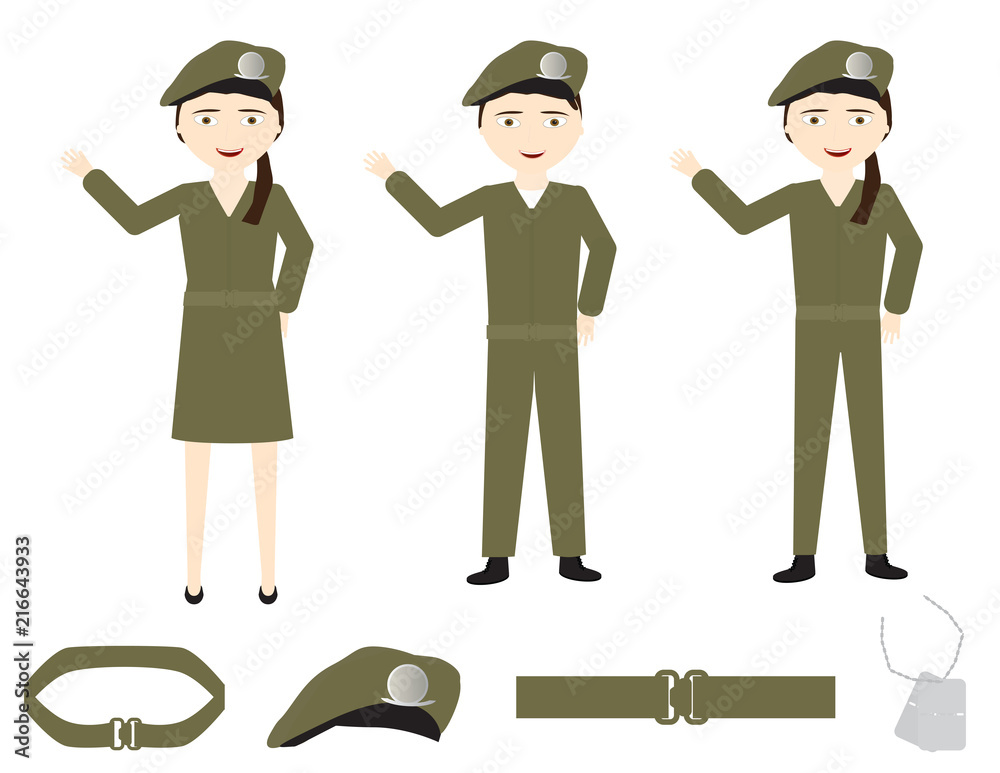 Set of cartoon soldiers with green uniforms, belts, hat and identity ...