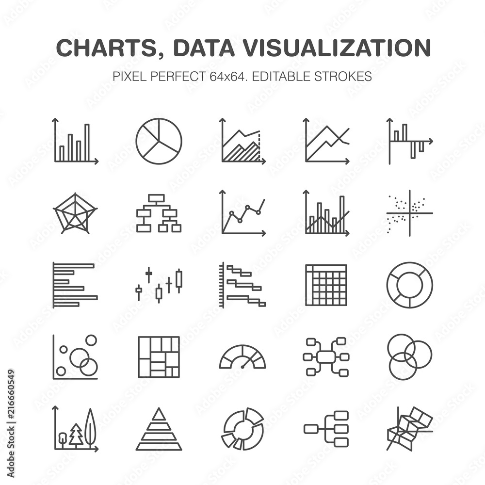 Chart types flat line icons. Linear graph, column, pie diagram ...
