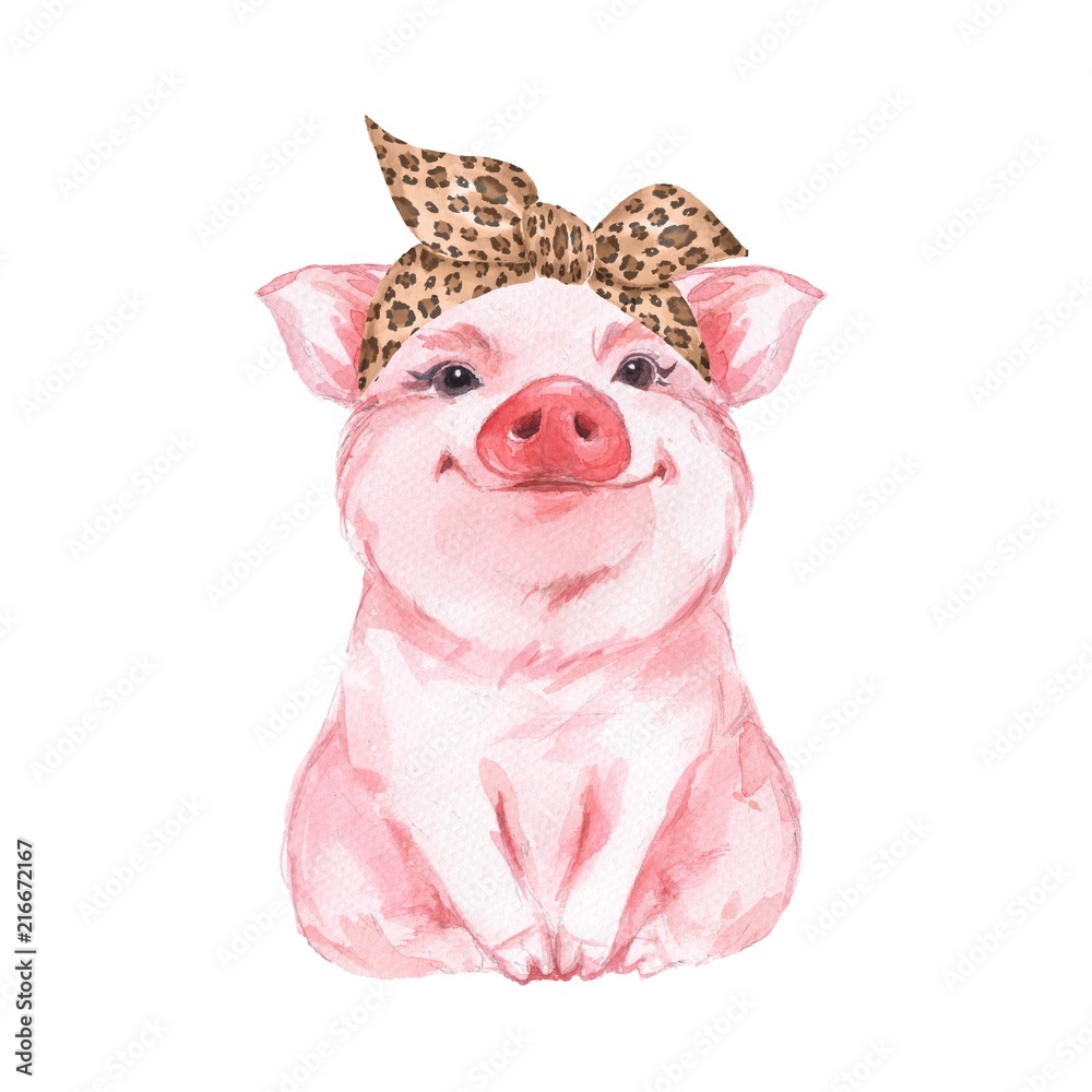 Funny pig wearing leopard bandana. Isolated on white. Cute watercolor ...