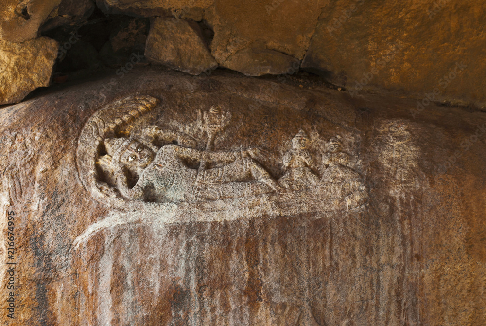 Carved figure of Shesh Vishnu, Vishnu temple, located on the path from ...