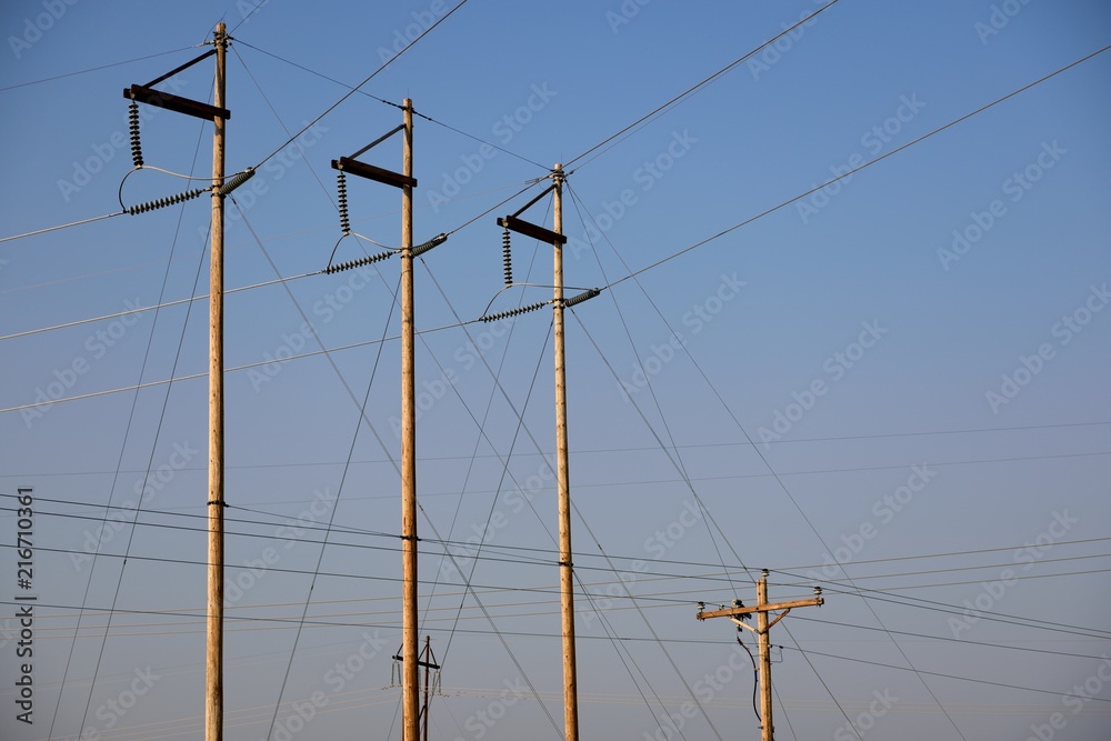 Electrical substation utility poles and high voltage power lines in Wyoming, USA Stock Photo ...