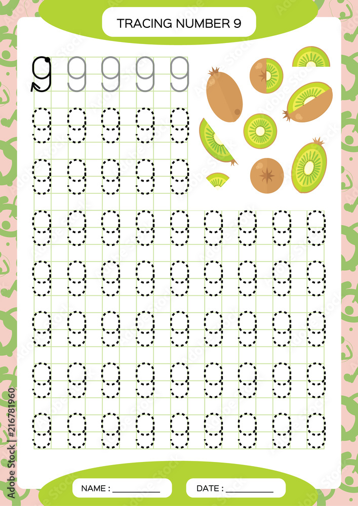 Number 9. Nine. Tracing Worksheet for kids. Watermelon for kids ...