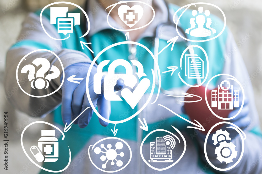 Doctor clicks a three lock with tick on a virtual panel. Privacy ...