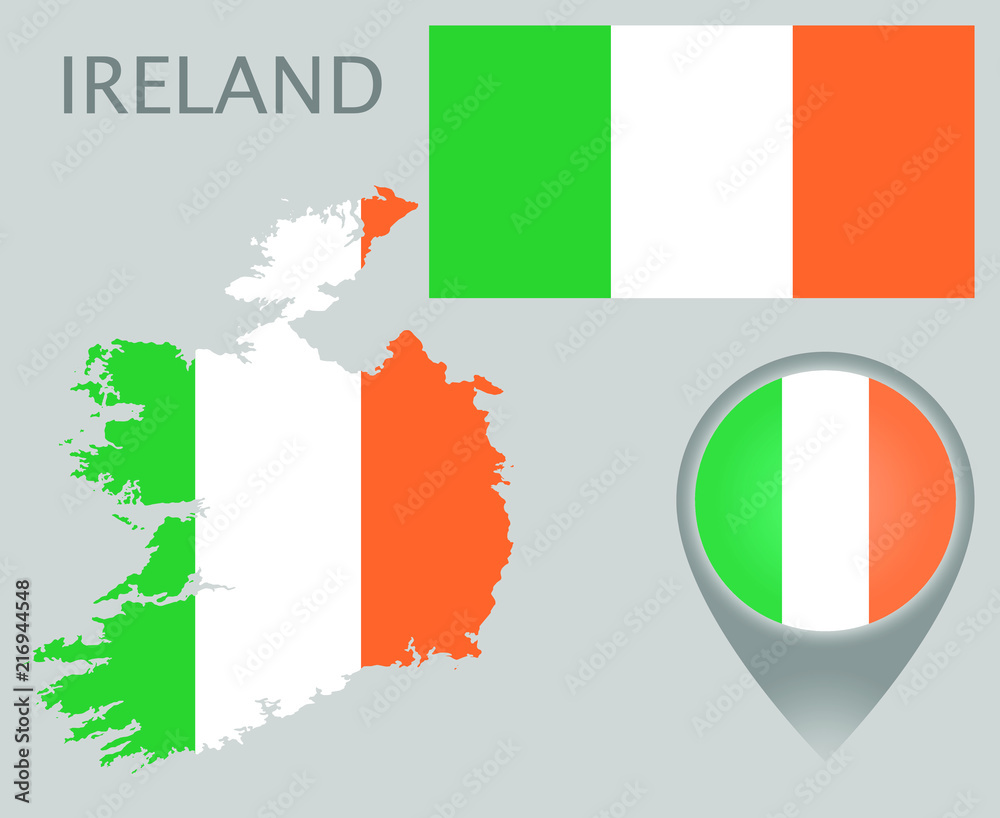Colorful flag, map pointer and map of Ireland in the colors of the ...