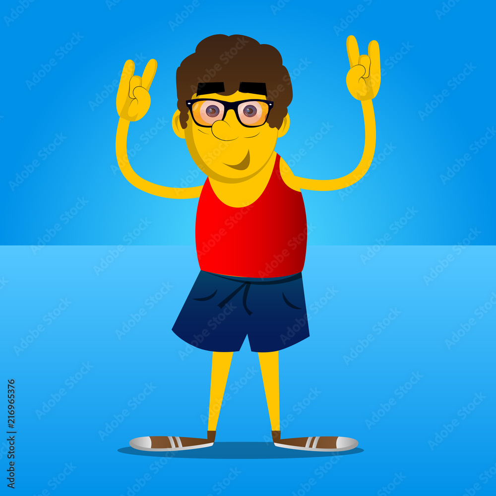 Yellow man with hands in rocker pose. Vector cartoon illustration ...