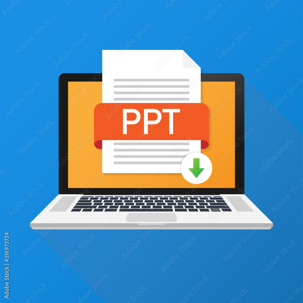 Download PPT button on laptop screen. Downloading document concept ...
