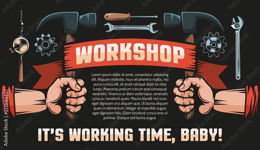 Workshop DIY vintage retro poster - hands with hammers, heraldic banner ...