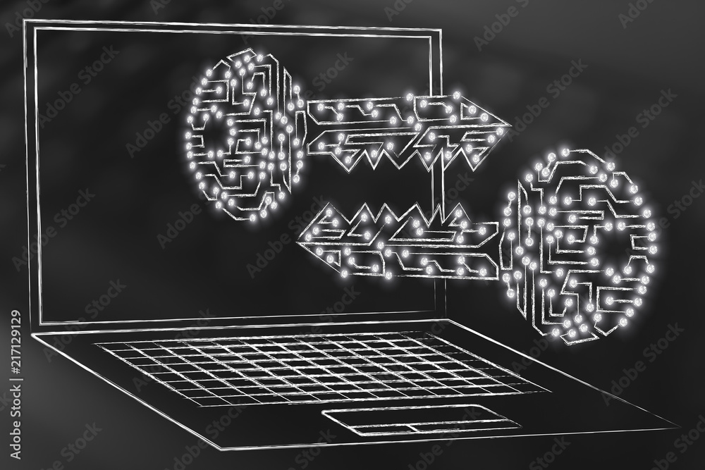 digital keys with led lights popping out of laptop screen on unfocused ...