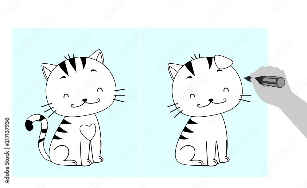 Cat Drawing Hand Spot The Difference Game Stock Vector | Adobe Stock