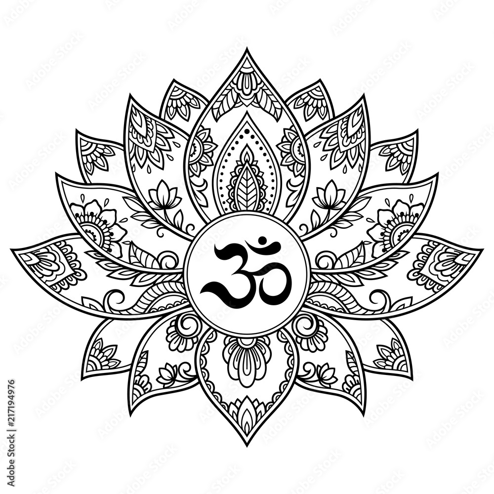 Mehndi Lotus flower pattern with mantra OM symbol for Henna drawing and ...