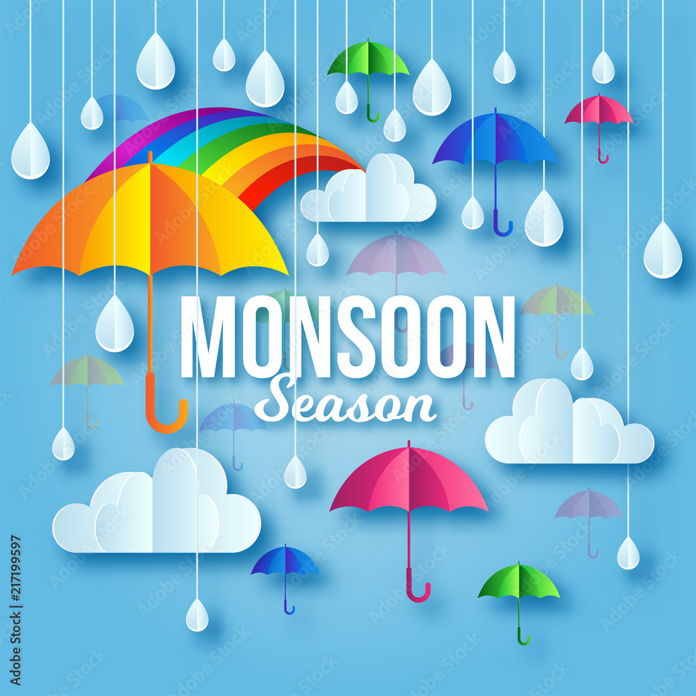 Modern Colorful Monsoon Season Paper Art Greeting Card Illustration ...
