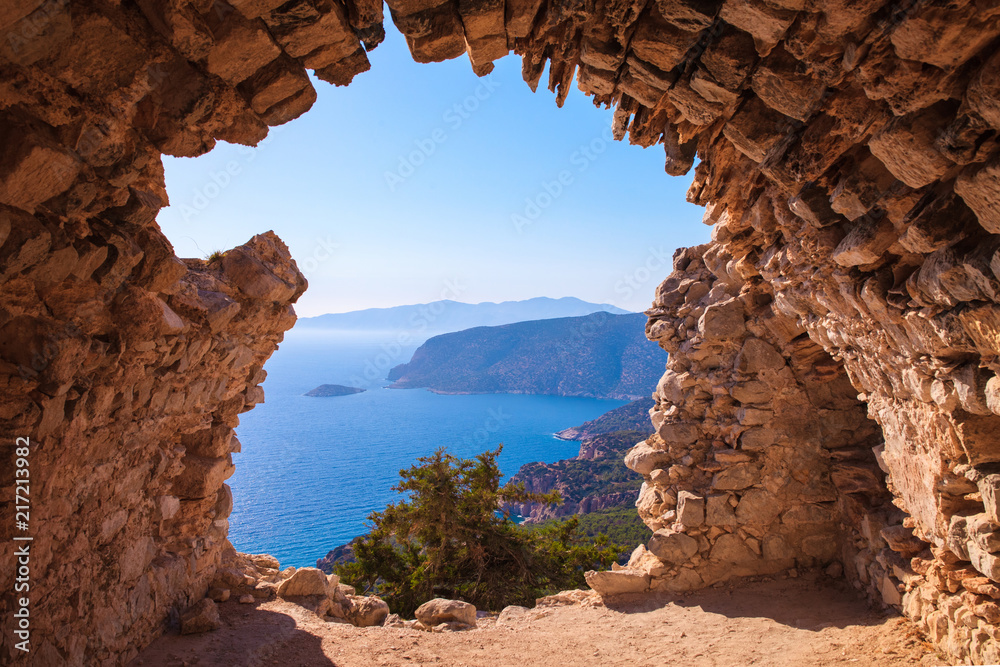 Sea skyview landscape photo from ruins of Monolithos castle on Rhodes ...