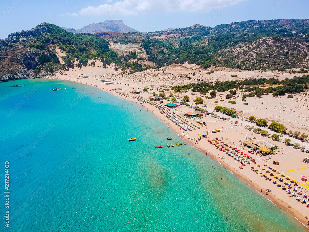 Aerial birds eye view drone photo Tsambika beach near Kolympia on ...