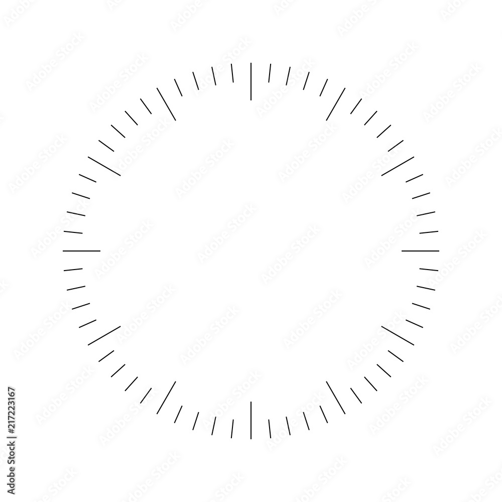 Clock face. Blank hour dial. Dashes mark minutes and hours. Simple flat ...