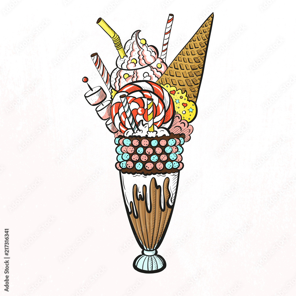 Big milkshake with ice cream, candies, marshmallow, cream and lollipop ...