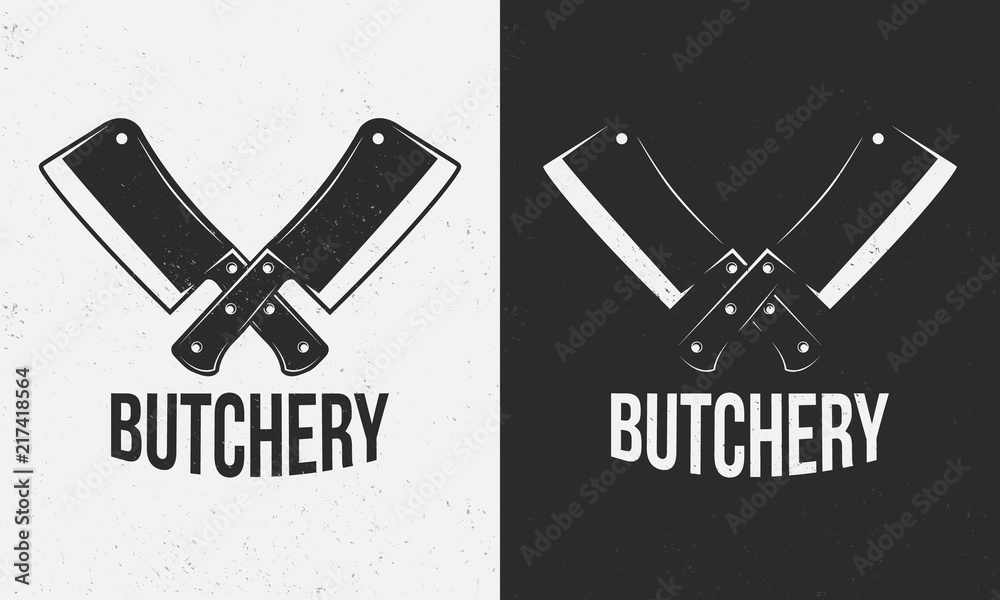 Butcher shop logo. Crossed meat cleavers on a white and black ...