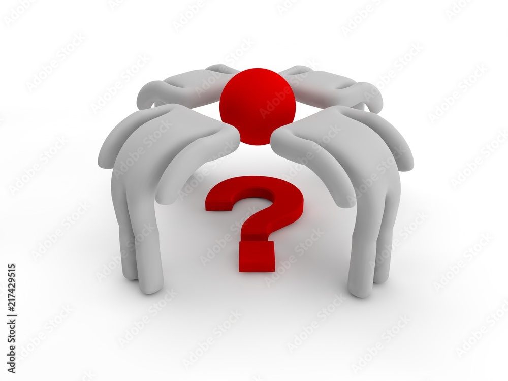 Image of four men leaning on a red question mark, United to one head ...
