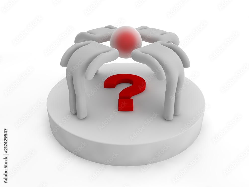 Image of four men stage, leaning on a red question mark, United to one ...