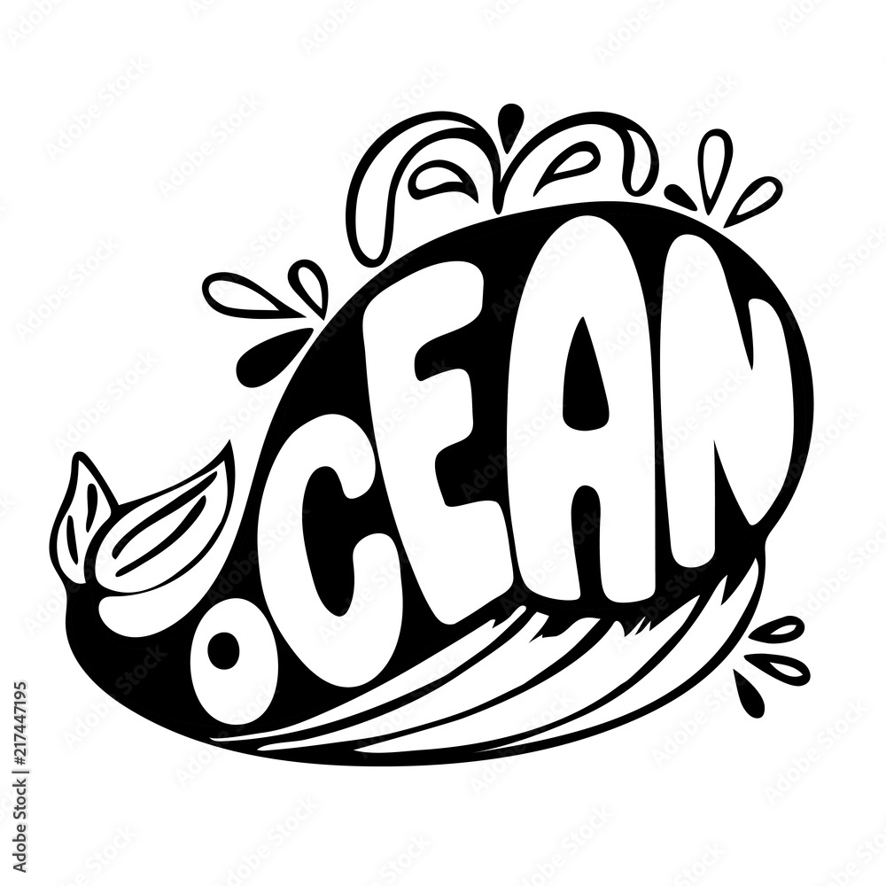 The word ocean inside the whale. Isolated vector, calligraphic phrase ...