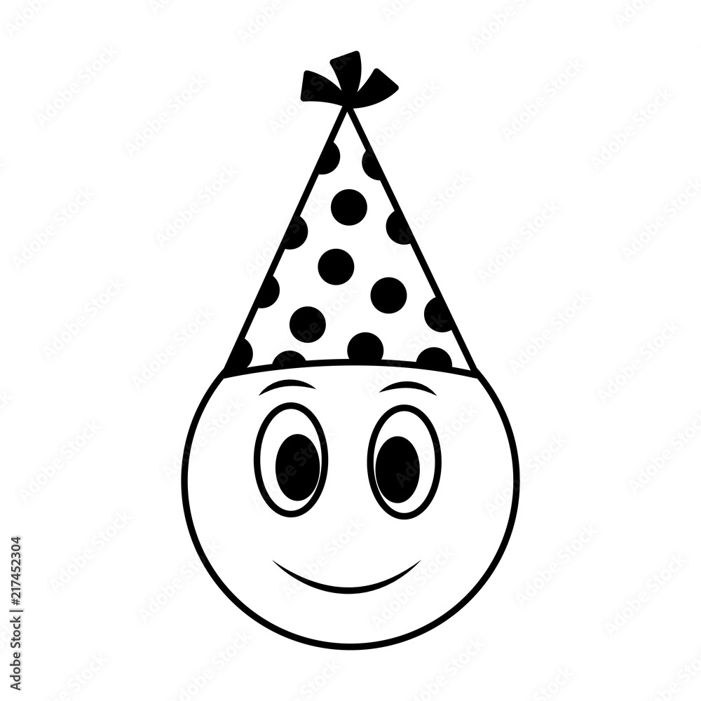 birthday happy face emoji party hat black and white Stock Vector ...