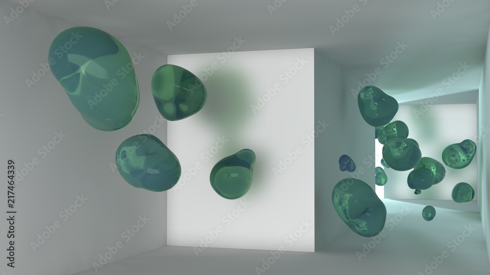 stylized image of a room made of white cubes and an array of flying ...