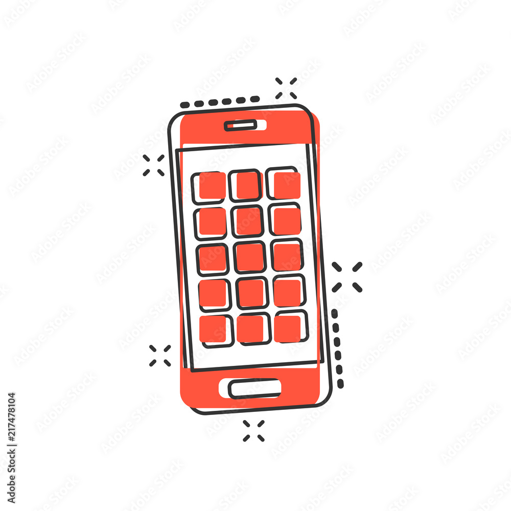 Vector cartoon smartphone with apps icon in comic style. Phone sign illustration pictogram. Smartphone business splash effect concept. Stock Vector Adobe Stock