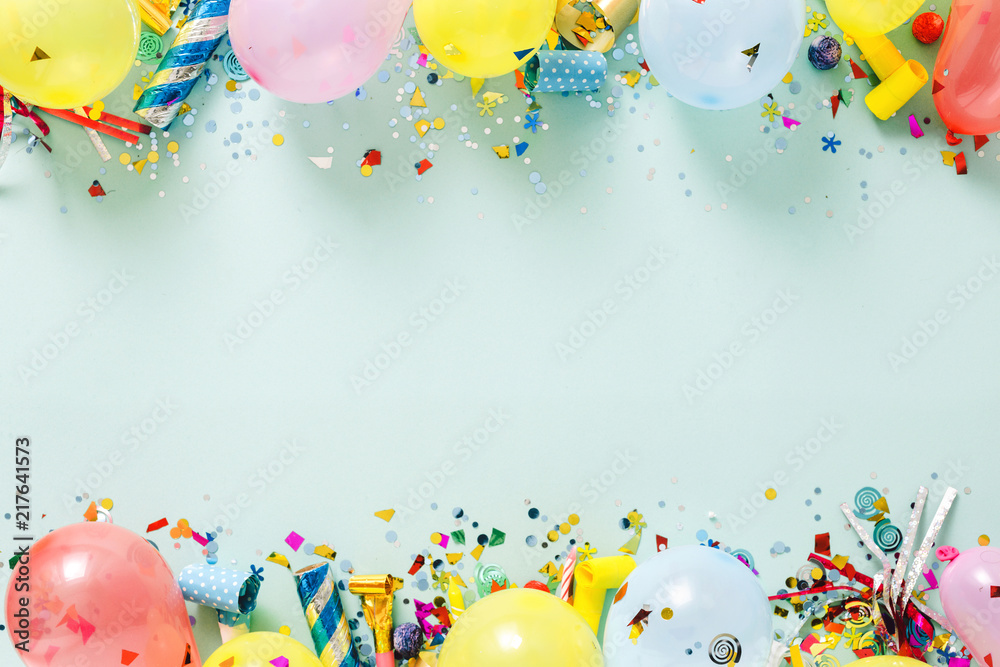 Flat lay decoration party pastel blue background top view Stock Photo ...