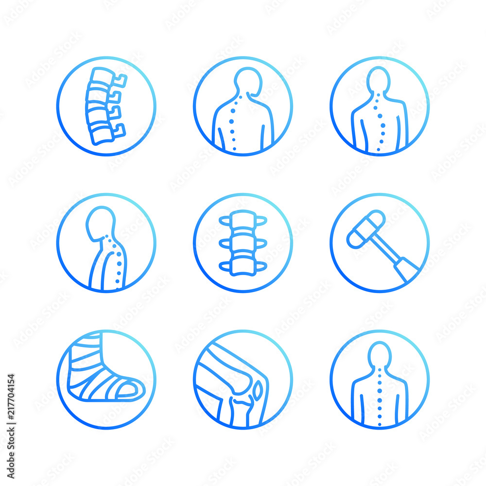 Spine, backbone flat line icons. Orthopedics clinic, medical rehab ...