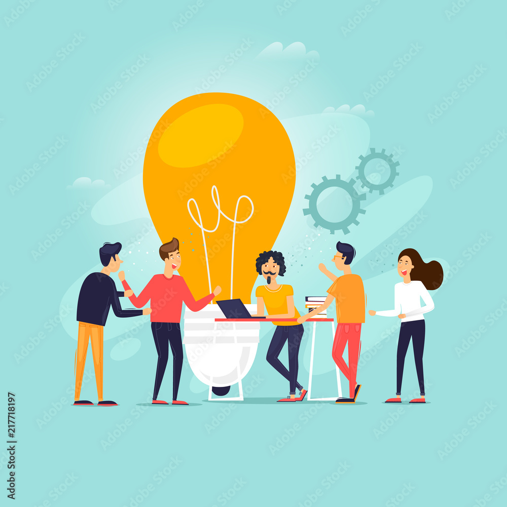 Teamwork, brainstorming, a group of people working together, developing ...